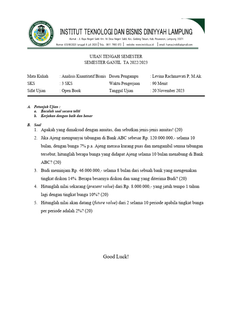 SOAL UTS Analisis Kuantitatif Bisnis | PDF