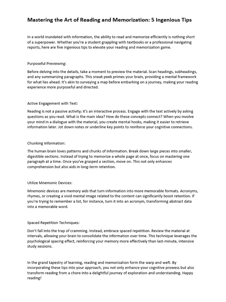 Mastering The Art of Reading and Memorization 5 Ingenious Ti | PDF