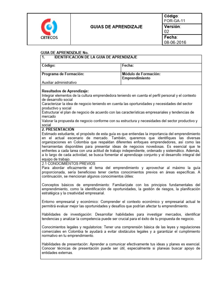 FOR-GA-11 - Guias de Aprendizaje Emprendimiento | PDF | Iniciativa empresarial | Aprendizaje