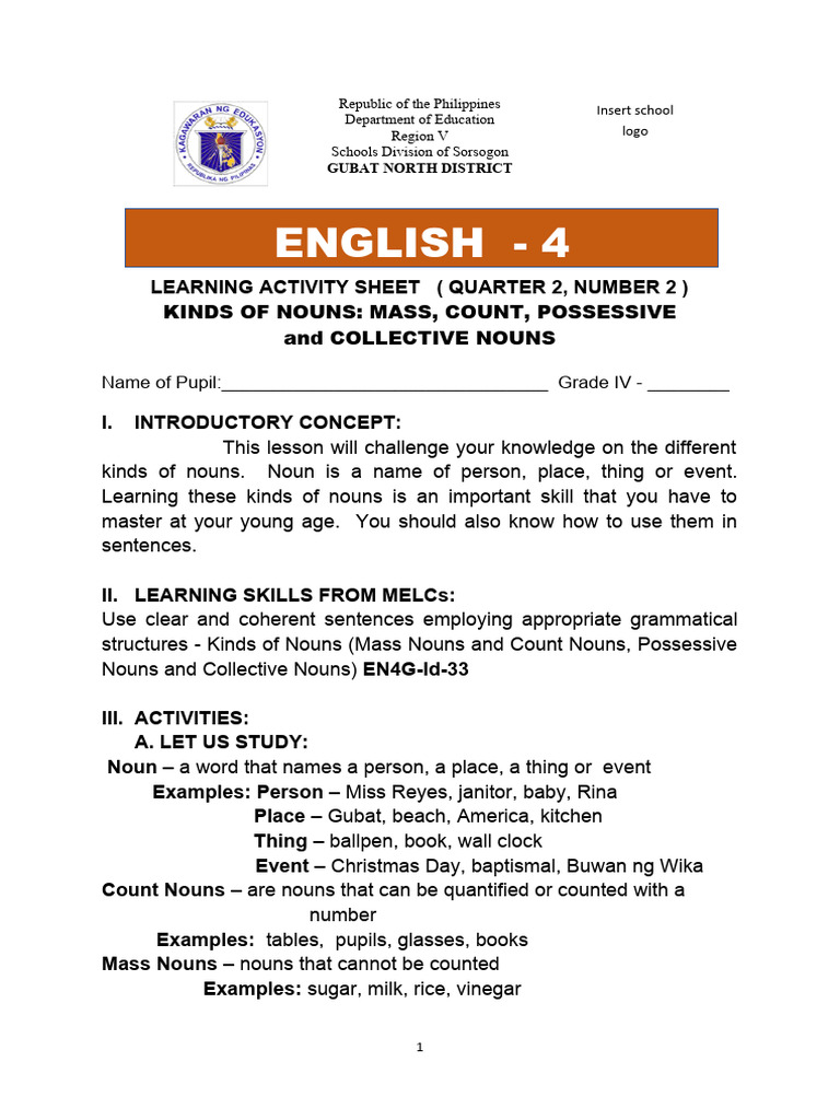 ENGLISH QUARTER 2 2 KINDS OF NOUNS Mass Count Possessive and Collective Nouns | PDF | Noun | Plural