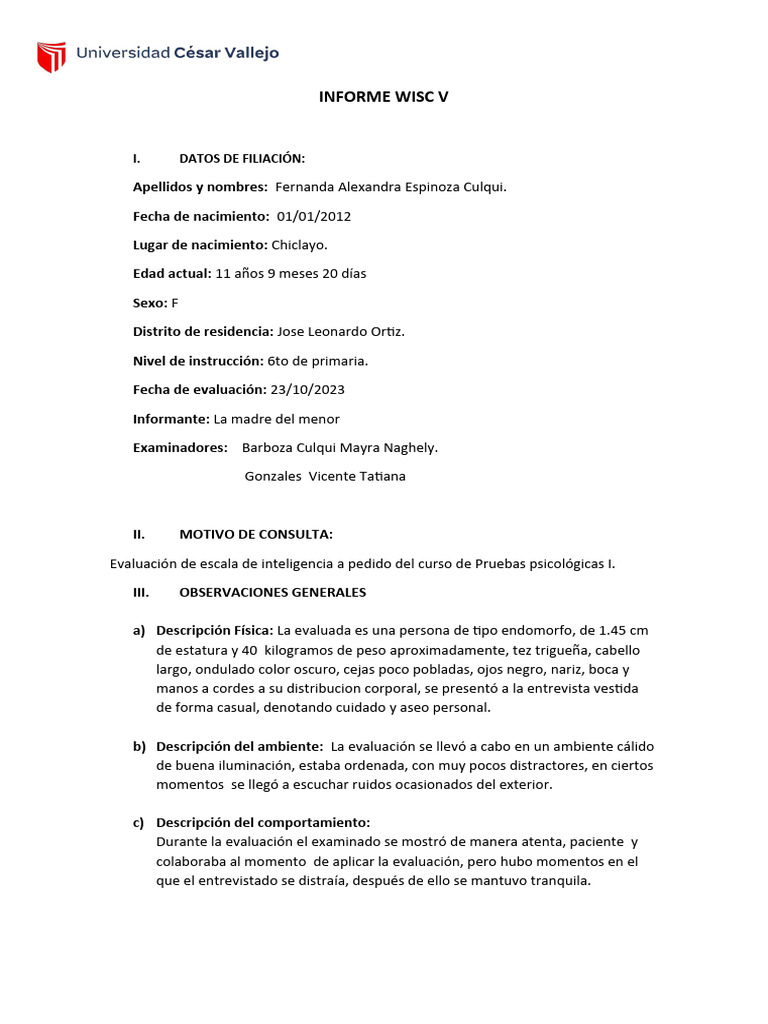 Matriz Informe WISC V | PDF | Comprensión | Inteligencia