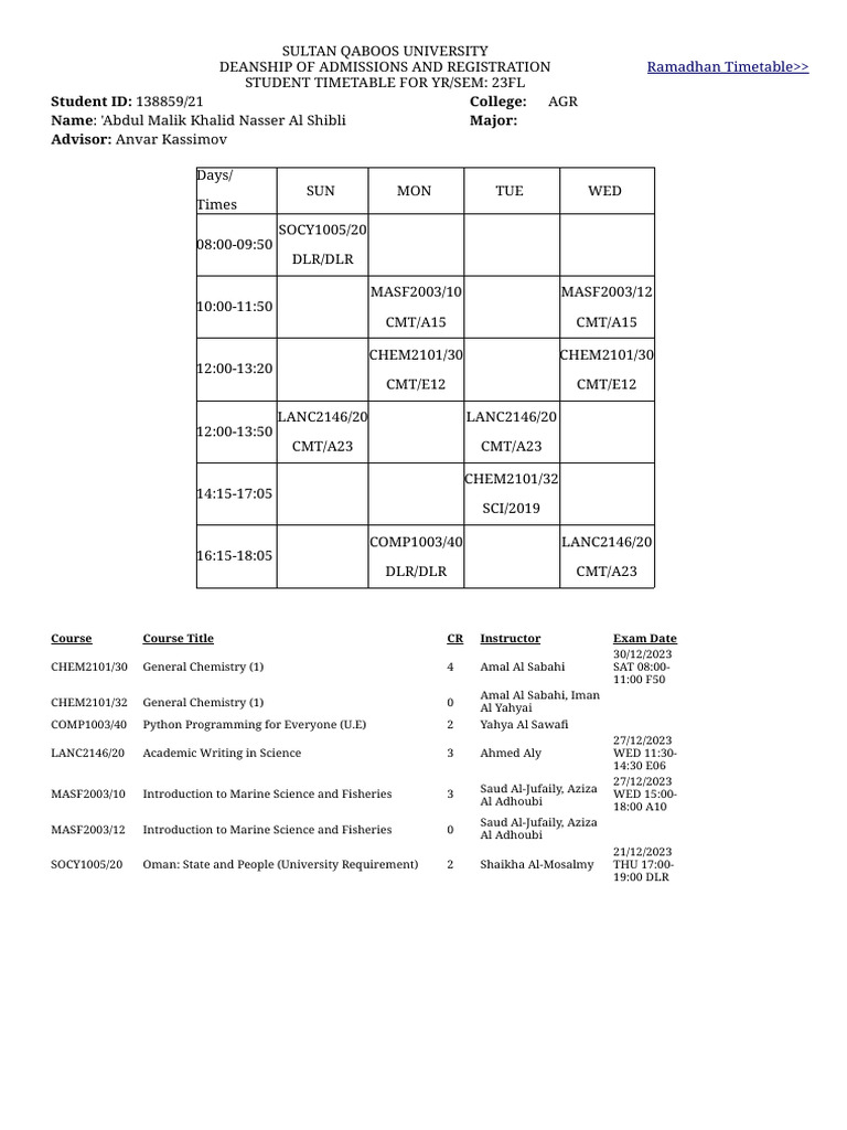 Student Time Table Nov 28, 2023 8-10-21 PM | PDF
