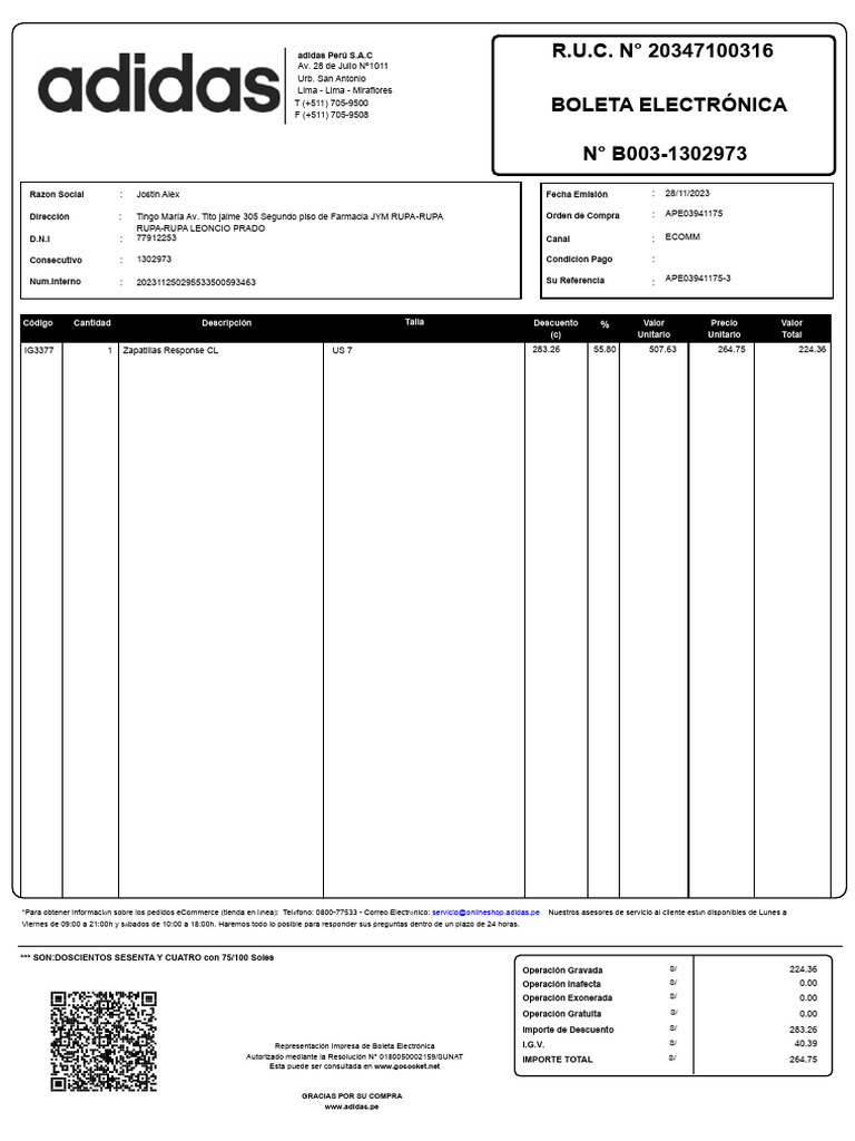 Boleta Electrónica Adidas Perú 2023 | PDF | Industrias de servicio