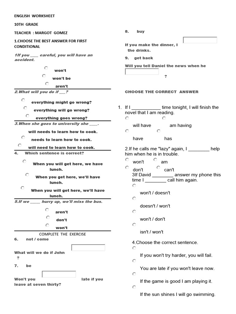 ENGLISH WORKSHEET First Conditional 10th | PDF