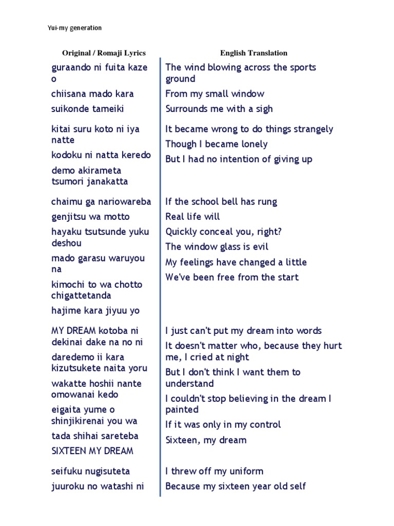 Original / Romaji Lyrics English Translation: Yui-My Generation | PDF ...