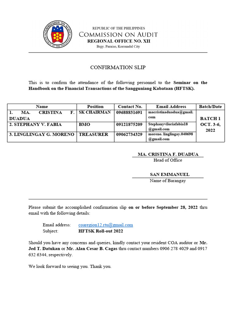 HFTSK Confirmation Slip COA | PDF | Government | Local Government