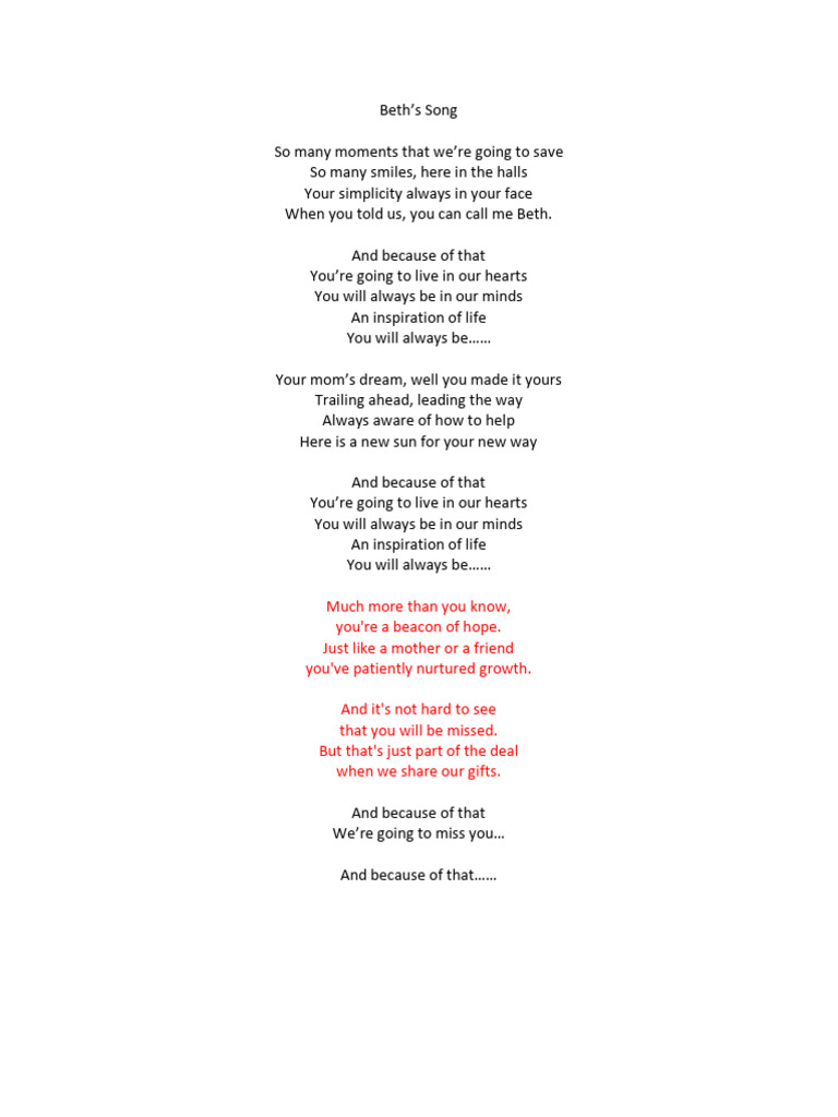 Beth's Song | PDF | Poetry | Self-Improvement