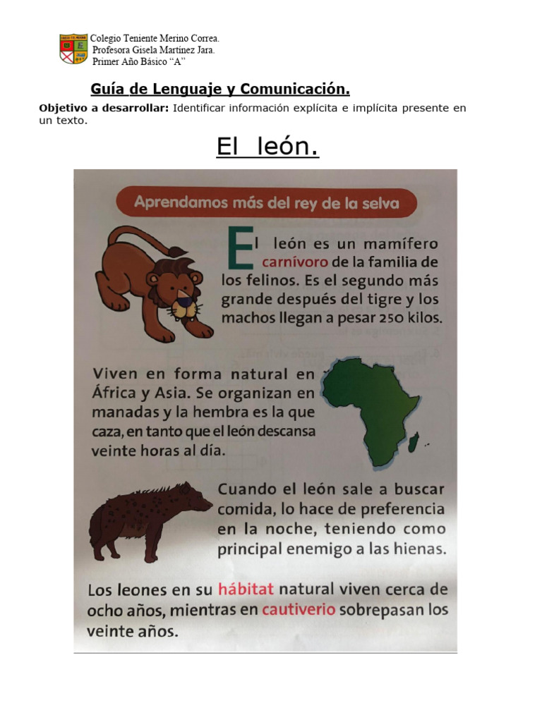 COMprensión Lectora - El León | PDF | Artes del Lenguaje y Comunicación ...