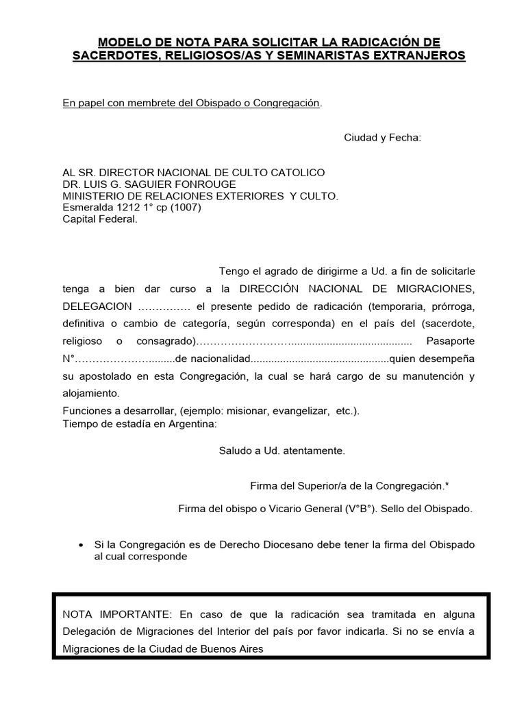 Modelo Nota Migraciones | PDF