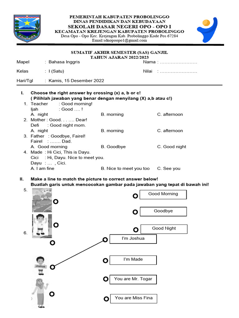 Sas Bahasa Inggris Kelas 1 | PDF