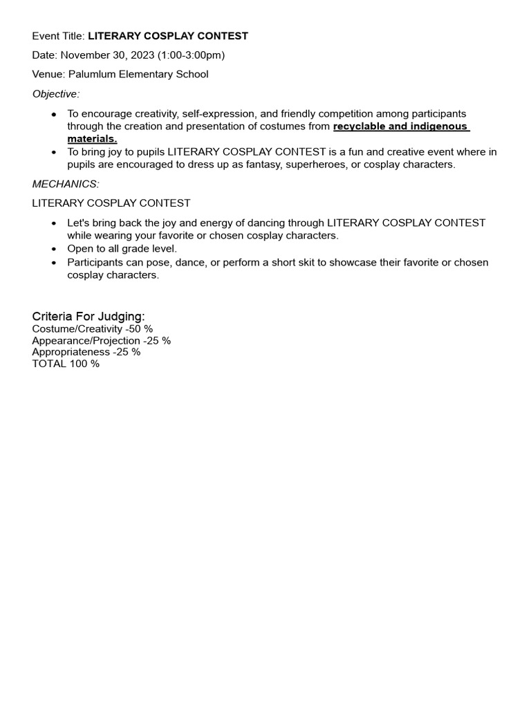 Literary Cosplay Contest Details | PDF
