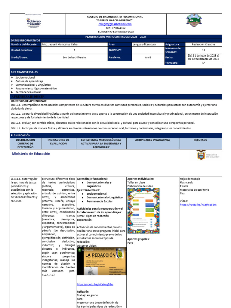 3ro de Bachillerato Planificacion Redaccion Creativa II Trimestre | PDF | Puntuación | Adverbio