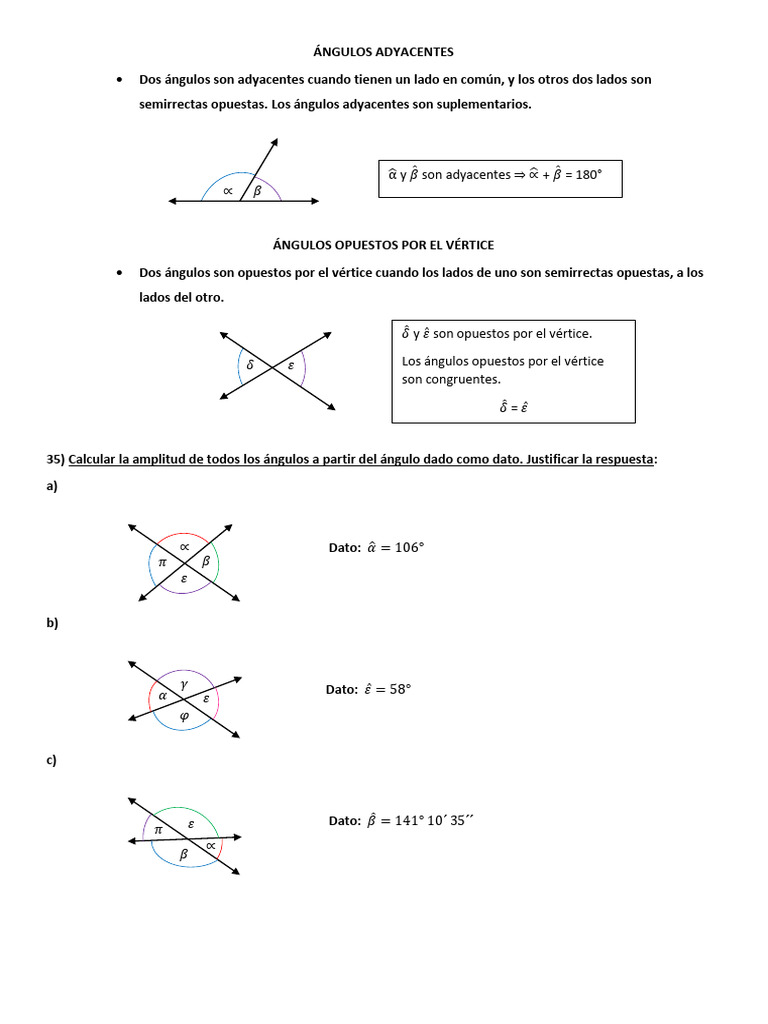 ÁNGULOS ADYACENTES Y OPUESTOS POR EL VÉRTICE (1er. AÑO) | PDF ...