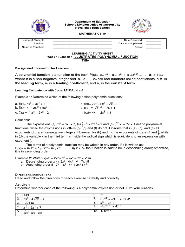 Math10 - Q2 - Wk1 Illustrating Poly Function | PDF | Polynomial | Function (Mathematics)