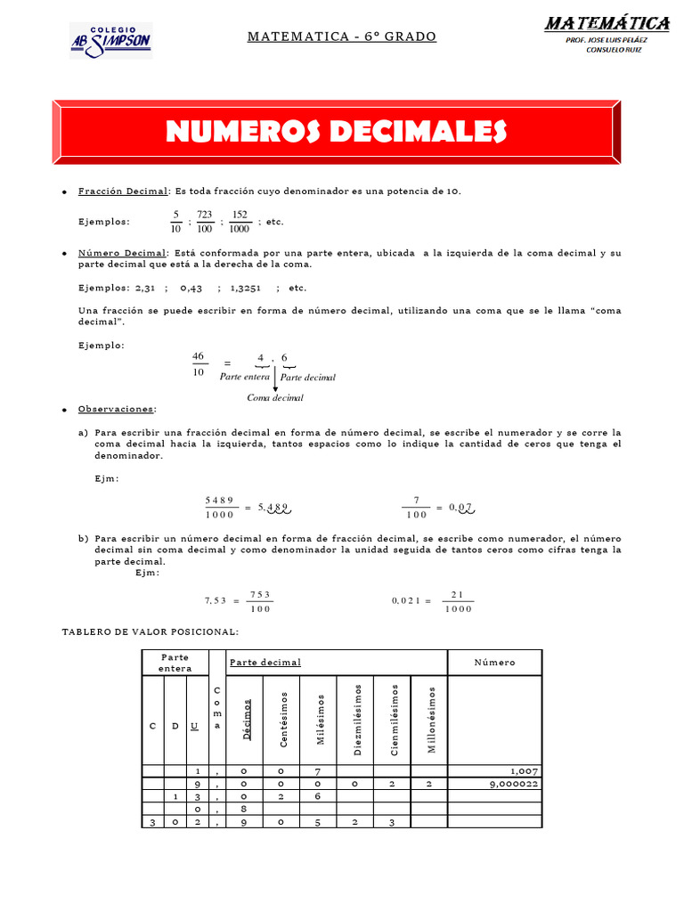 Ficha de Numeros Decimales 1 ' ('1') ' | PDF | Decimal | Matemática ...