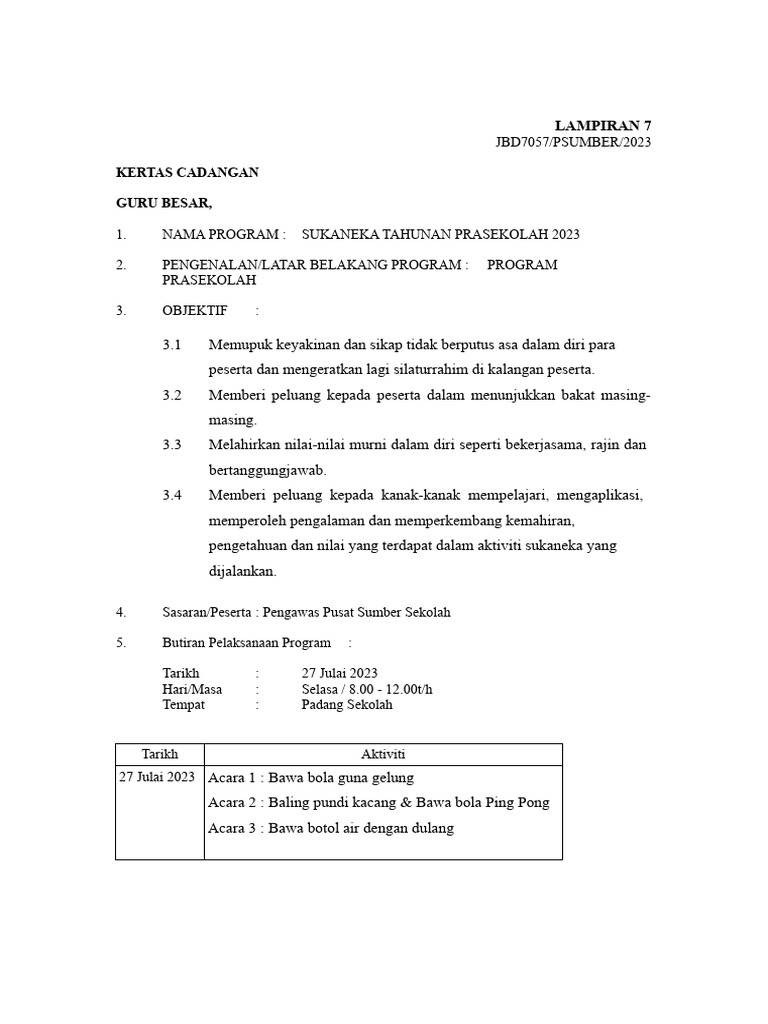 Program Sukaneka Prasekolah 2023 | PDF