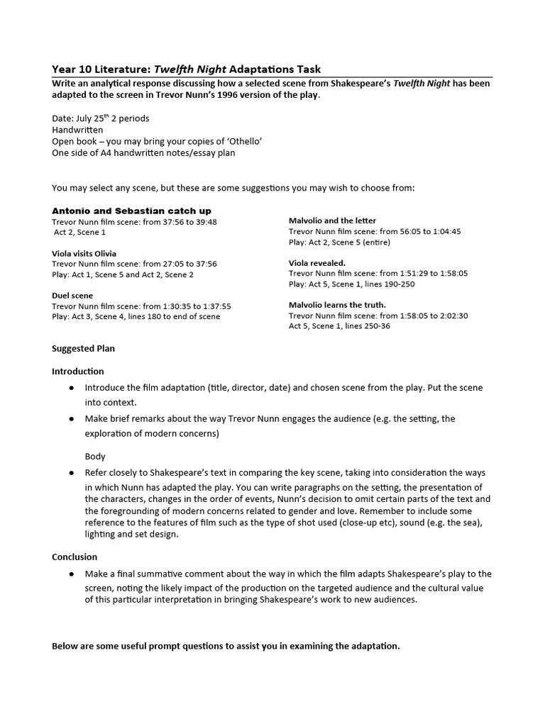 12th Night Adaptations Task | PDF | Twelfth Night