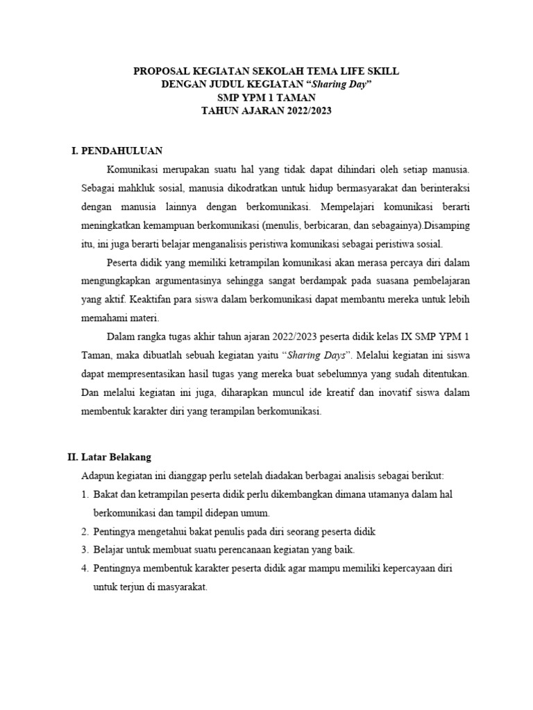 PROPOSAL KEGIATAN Sharing Days SMP YPM 1 Tahun 2023 | PDF