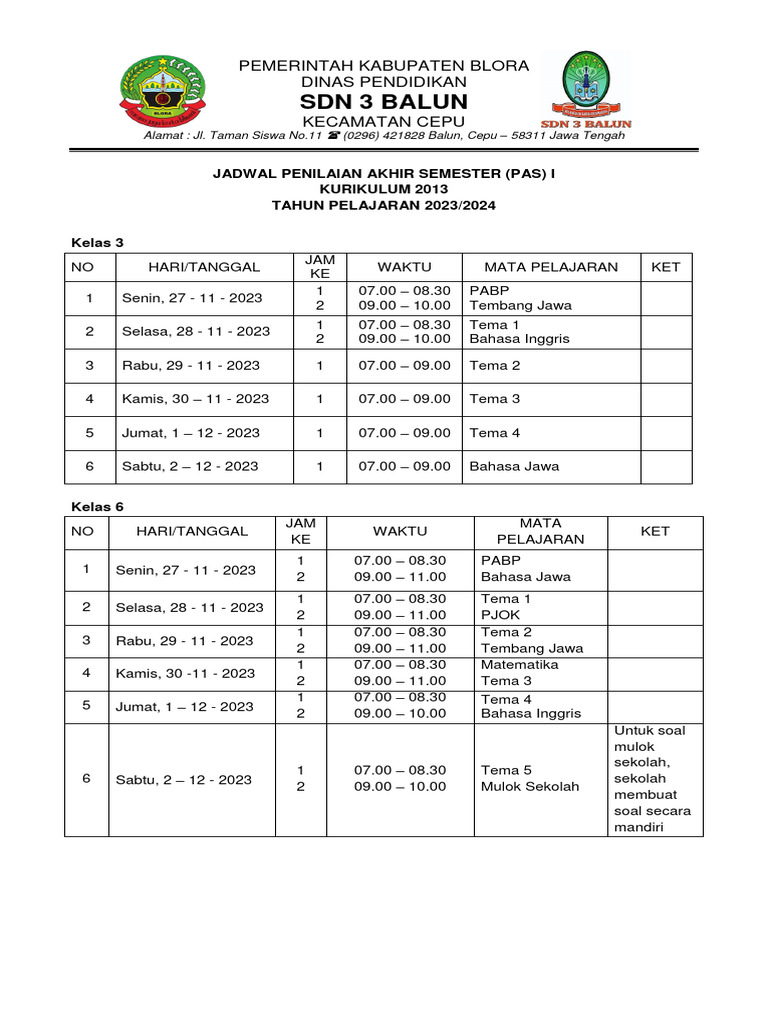 Jadwal Pas 1 & Sas TH 2023-2024 | PDF