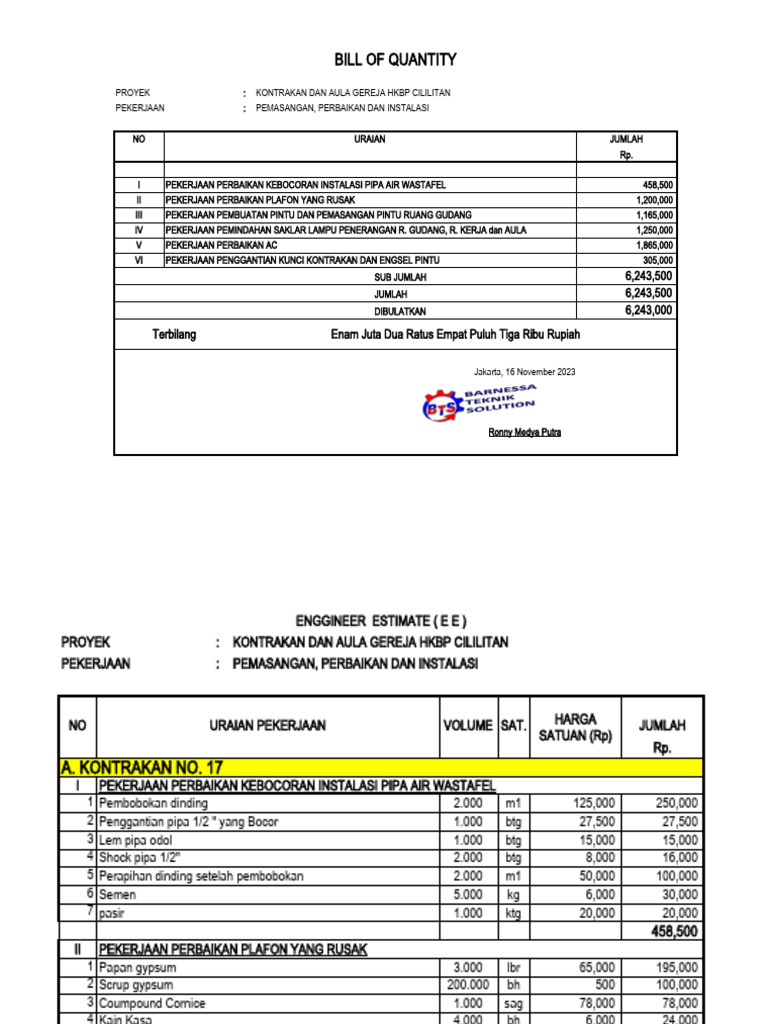 Rincian Biaya Proyek Gereja HKBP Cililitan | PDF | Griya & Taman ...