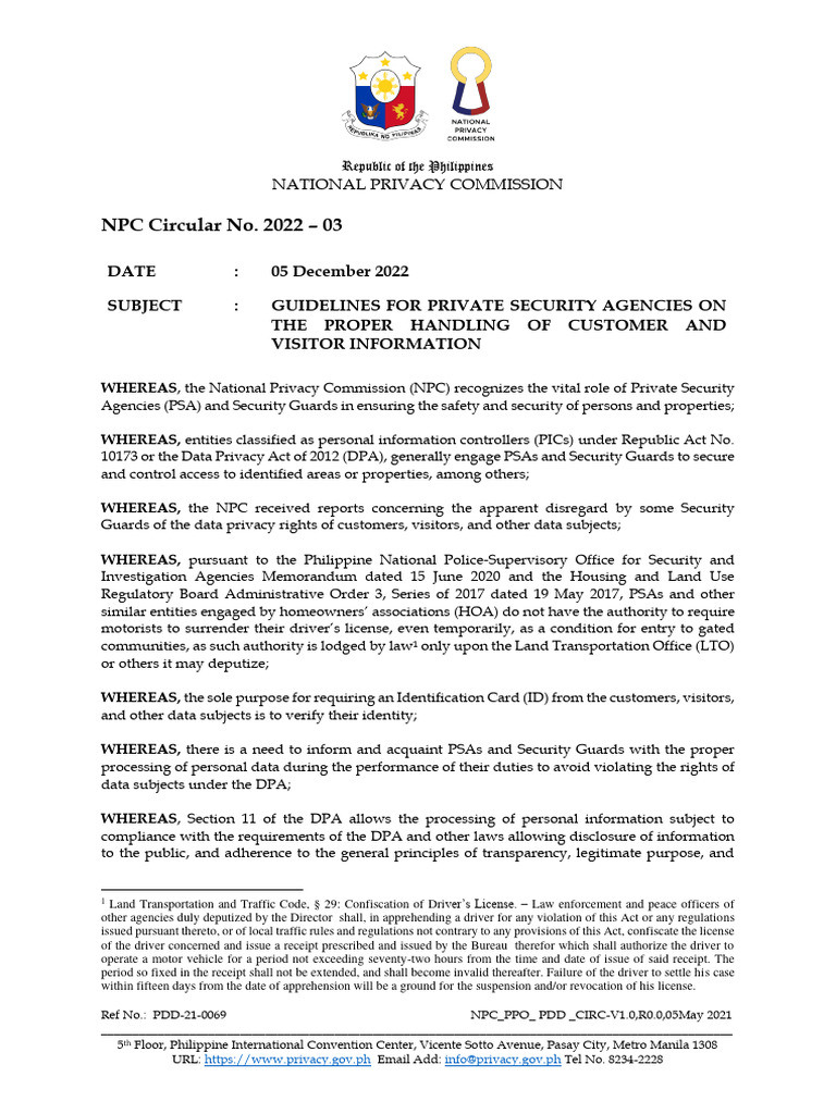 NPC Circular No. 2022 - 03 Private Security Agencies | PDF | Security ...
