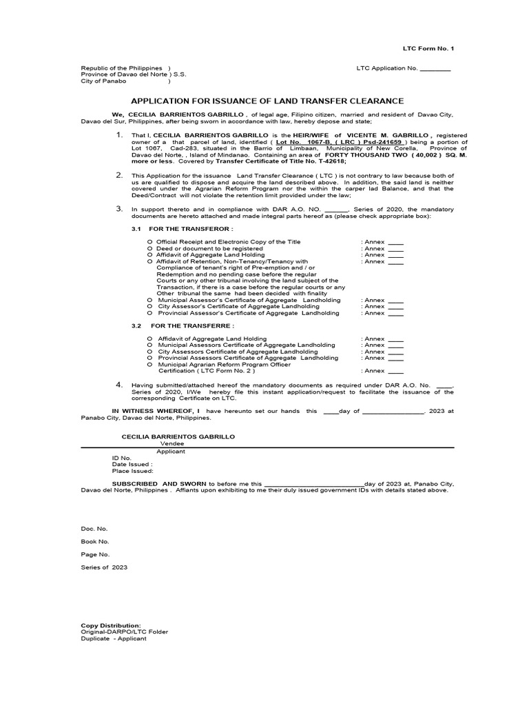 DAR APP form-ltc-GABRILLO | PDF | Legal Documents | Government DAR APP form-ltc-GABRILLO | PDF | Legal Documents | Government