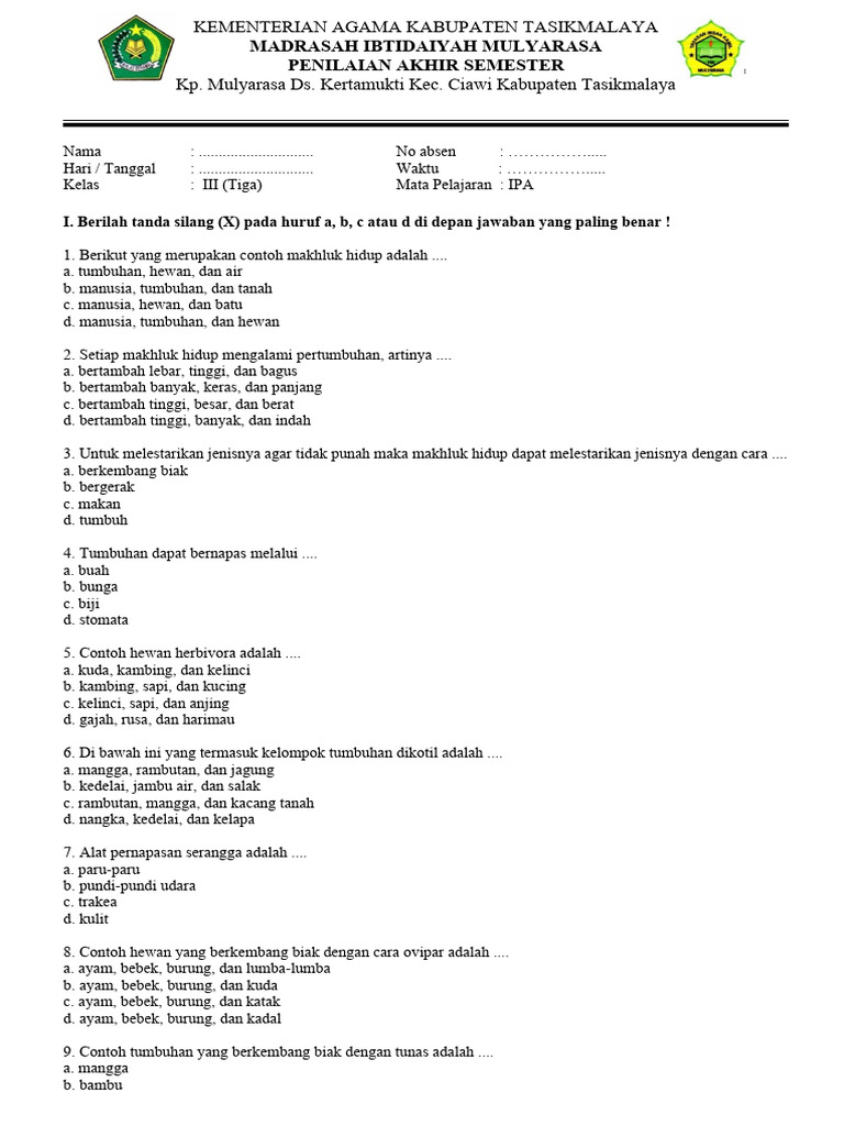 Soal Pas I Ipa KLS 3 | PDF
