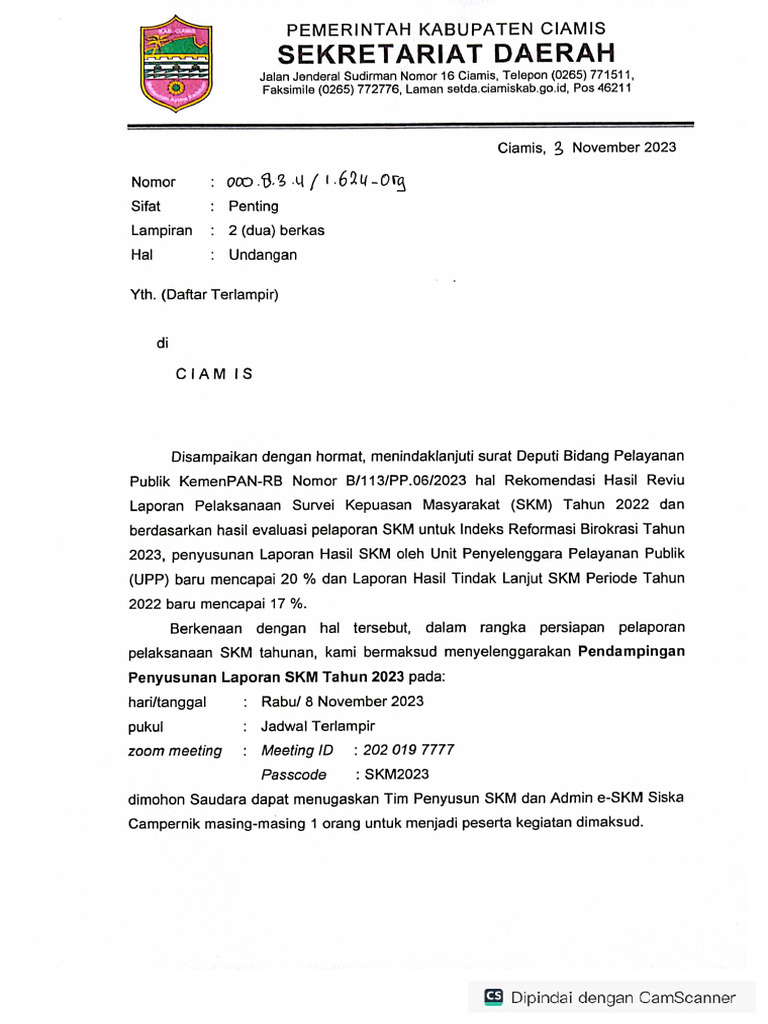 Surat Undangan Pendampingan Penyusunan Laporan SKM Tahun 2023-1 | PDF
