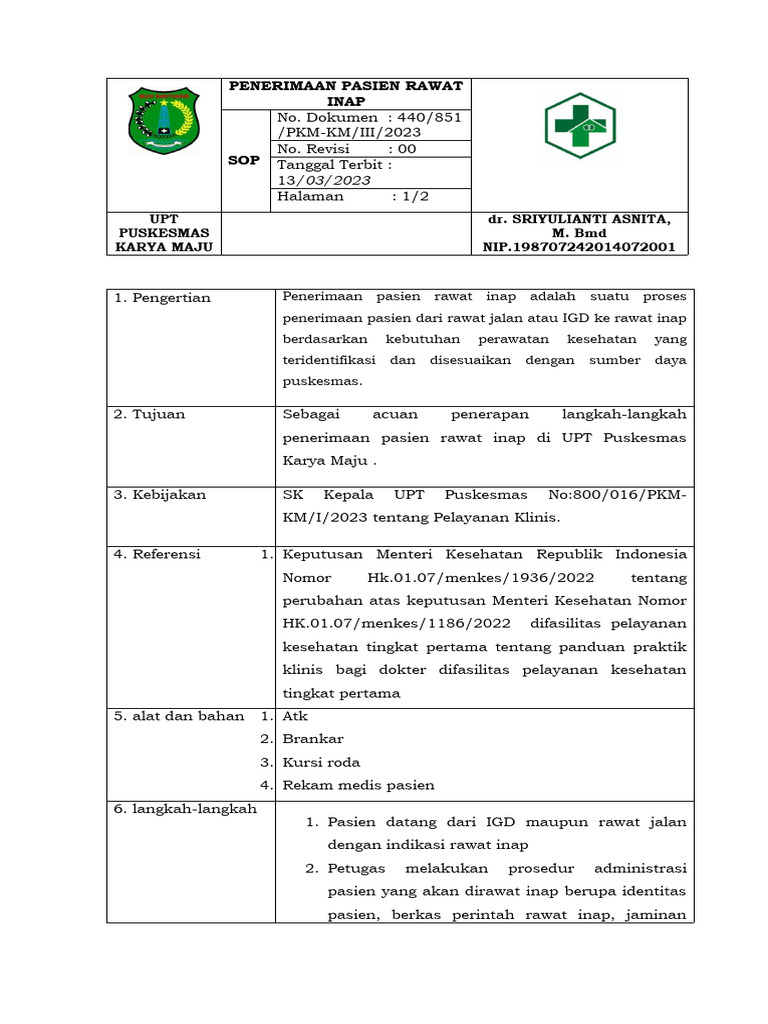 SOP Penerimaan Pasien Inap | PDF