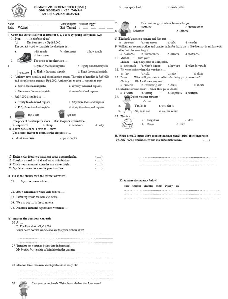 SAS 1 Bahasa Inggris Kelas 5 | PDF | Foods
