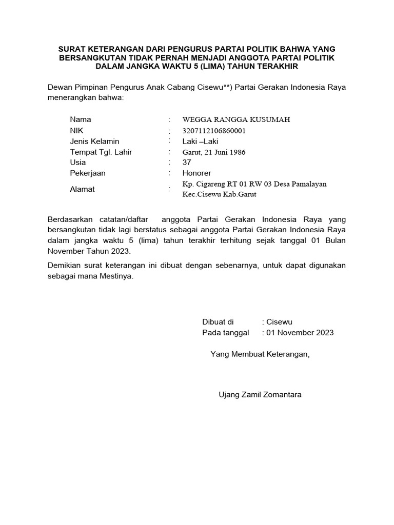 Surat Keterangan Non-Anggota Partai | PDF