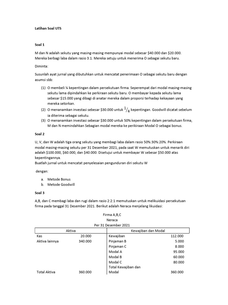 Latihan Soal UTS AKL1 | PDF | Bisnis | Pengelolaan Keuangan & Uang