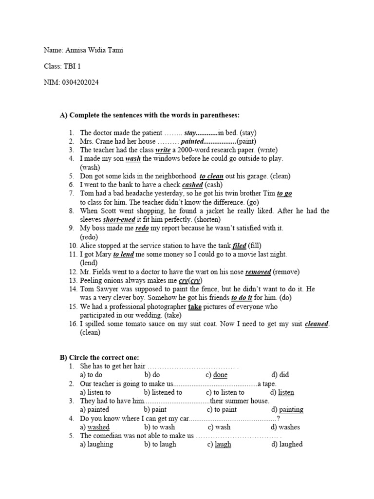 Adv. Structure Causative Exercises | PDF