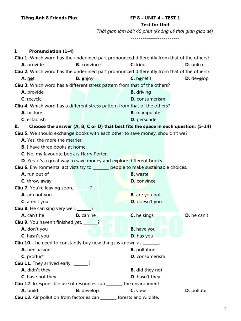 Bài Ôn Tập Học Kì I - Unit 4 - Test 1 | PDF | Reuse | Efficient Energy Use