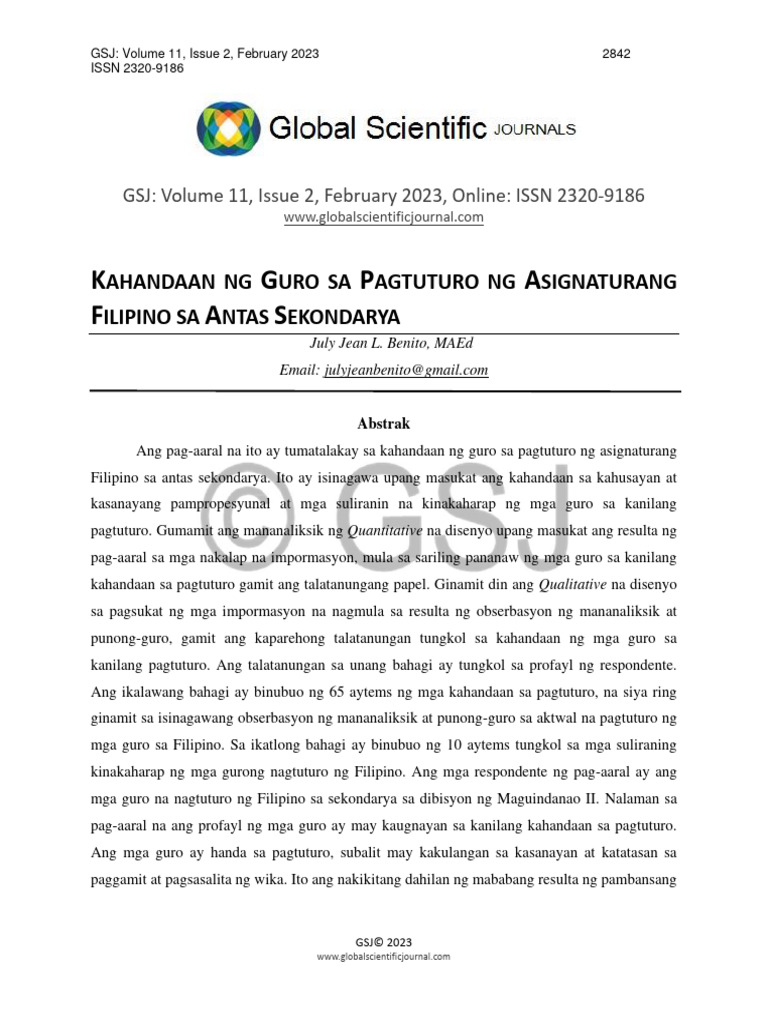 Kahandaan NG Guro Sa Pagtuturo NG Asignaturang Filipino Sa Antas ...