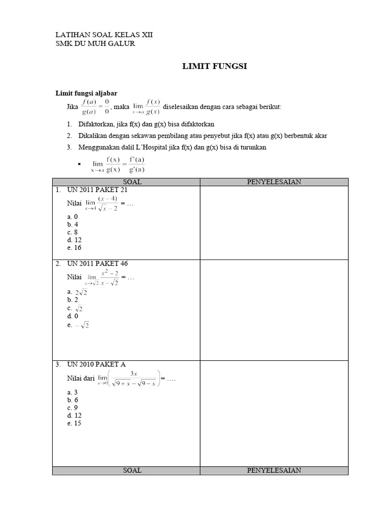 Latihan Soal Limit XII | PDF | Metode & Bahan Ajar | Sains & Matematika