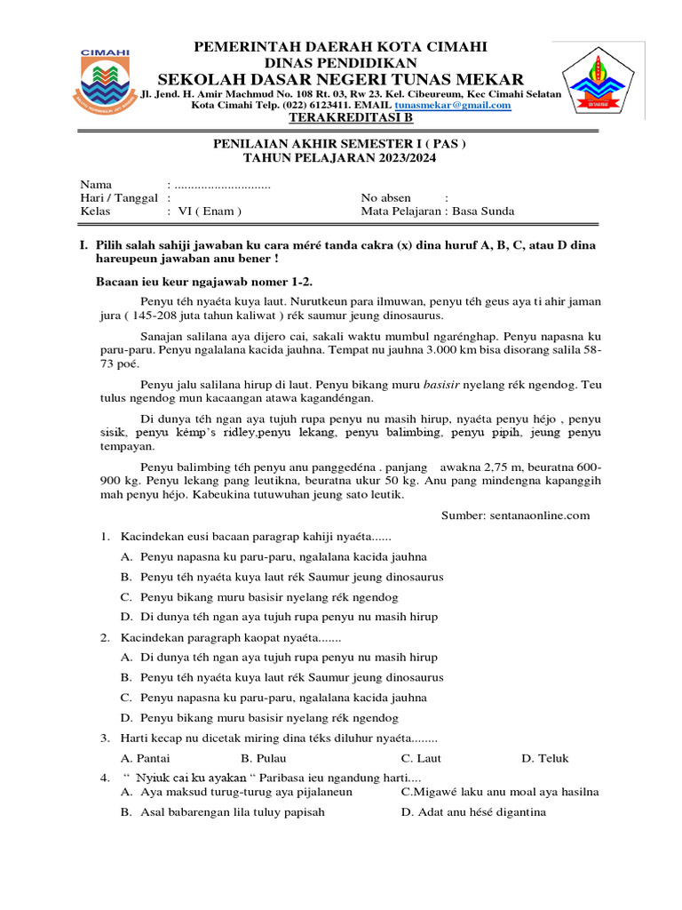 Soal Pas Basa Sunda Kelas 6 | PDF