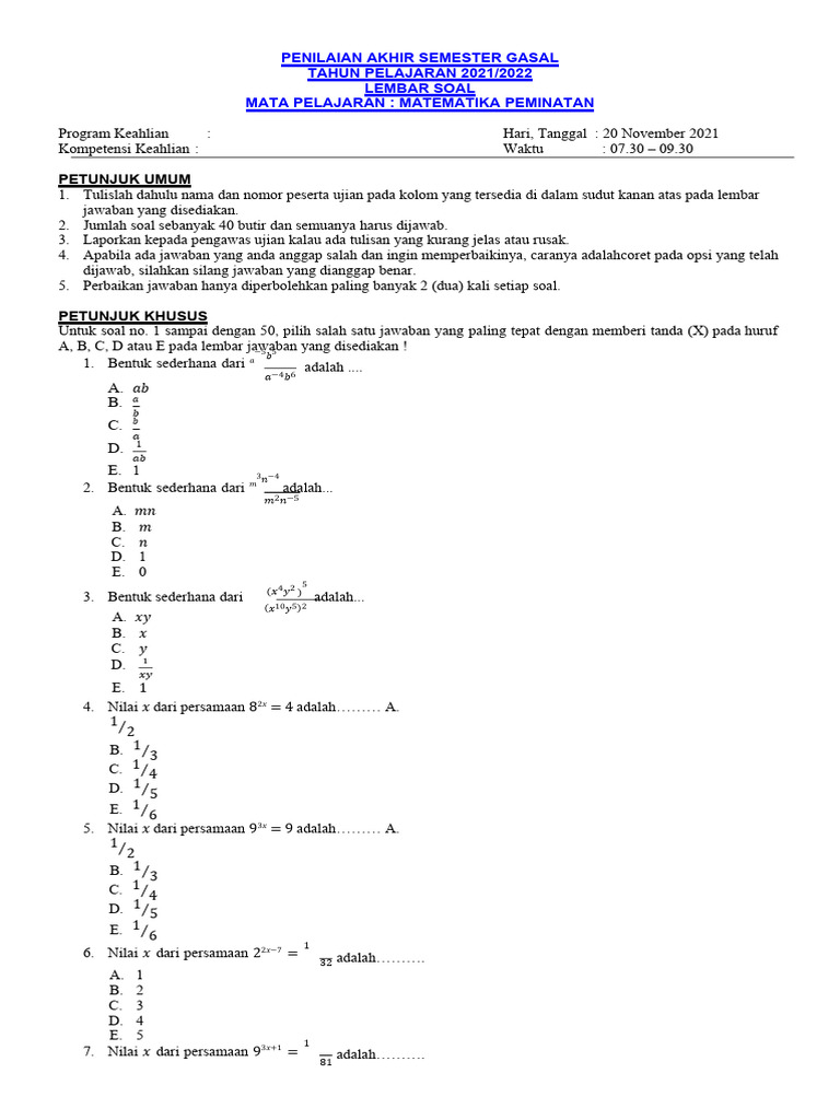 Soal PAS Semester 1 Kelas 10 Matematika Peminatan Tahun 2021 | PDF | Metode & Bahan Ajar | Sains ...