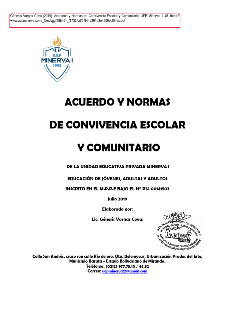 Acuerdos y Normas de Convivencia Escolar y Comunitario | PDF ...