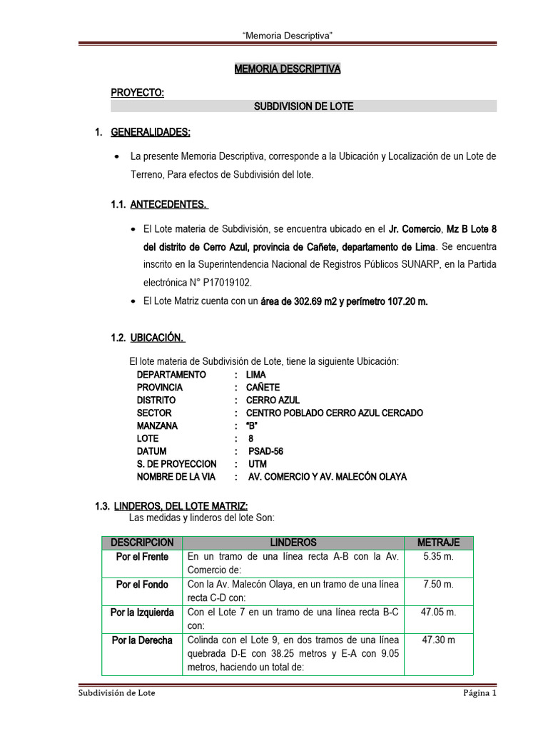 Subdivisión de Lote en Cerro Azul, Lima | PDF