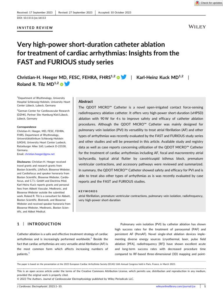 Cardiovasc Electrophysiol - 2023 - Heeger - Very High Power Short Duration Catheter Ablation For ...