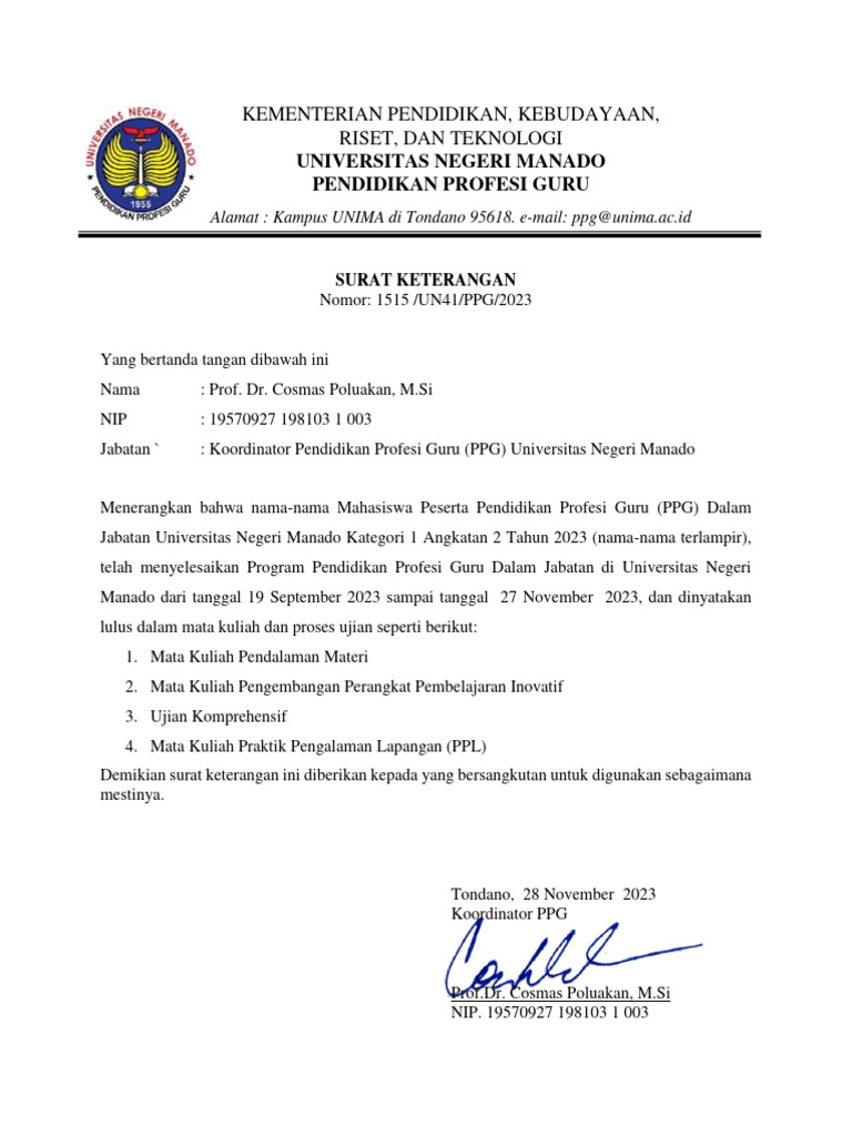 Surat Keterangan Selesai Proses Pembelajaran K1 A2 THN 2023 | PDF