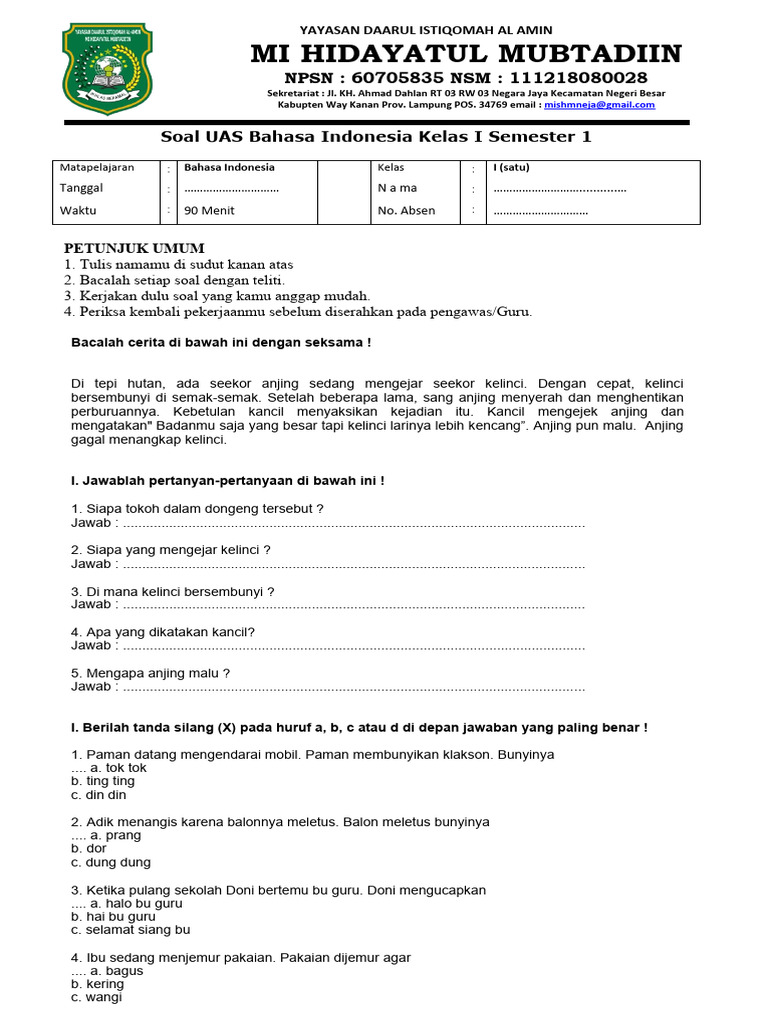 Soal UAS Bahasa Indonesia Kelas 1 Semester 1 | PDF