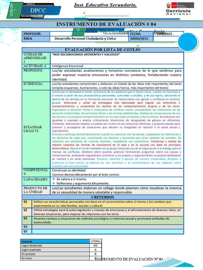 2º DPCC - LC Act.4 Uni 1 - 2023 | PDF | Evaluación | Aprendizaje