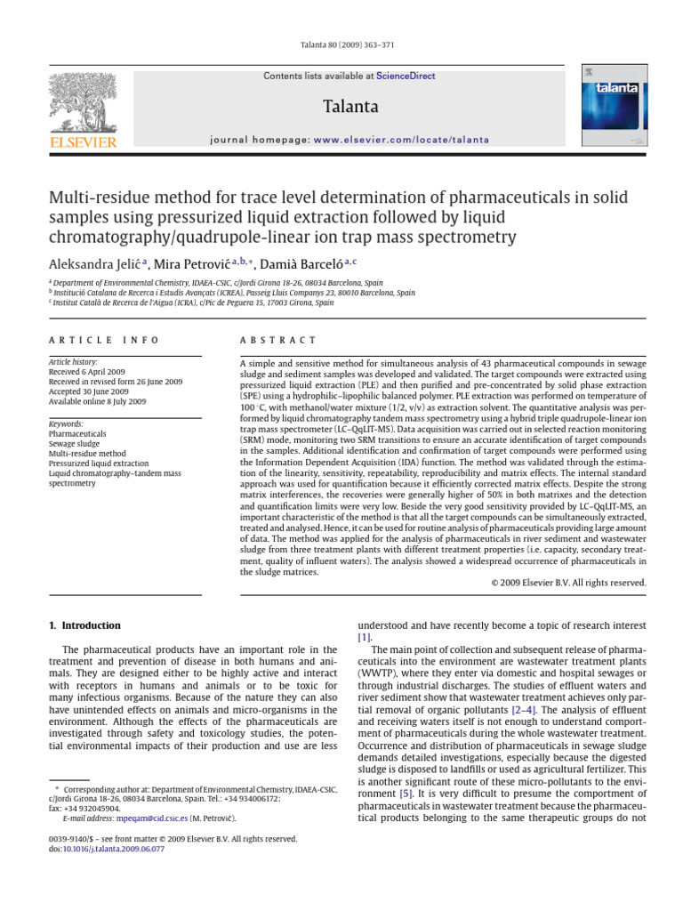 Multi-Residue Method For Trace Level Determination of Pharmaceuticals ... Multi-Residue Method For Trace Level Determination of Pharmaceuticals ...