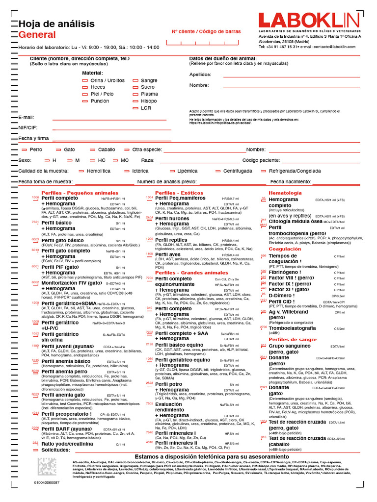 Laboklin General - Sin Precios | PDF | Anatomia animal | Especialidades ...