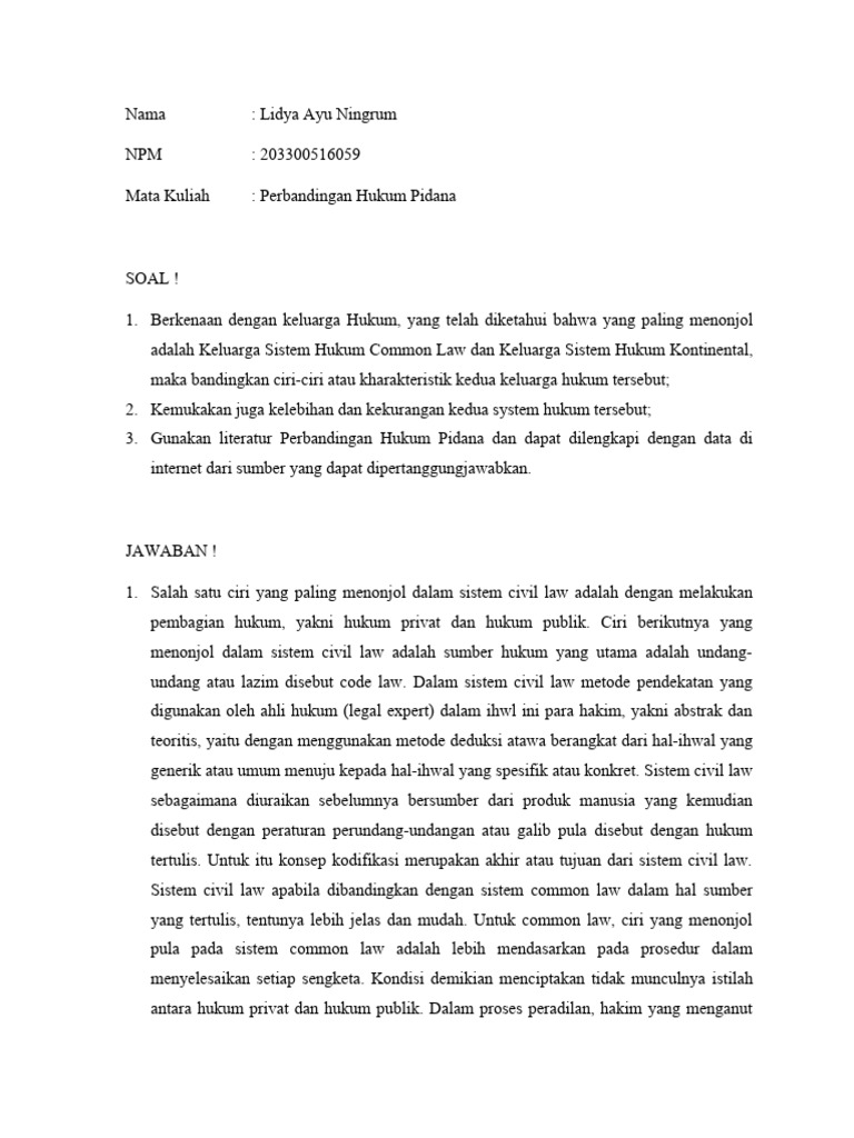 Tugas Sebelum UTS - Lidya Ayu Ningrum (Perbandingan Hukum Pidana) | PDF | Hukum