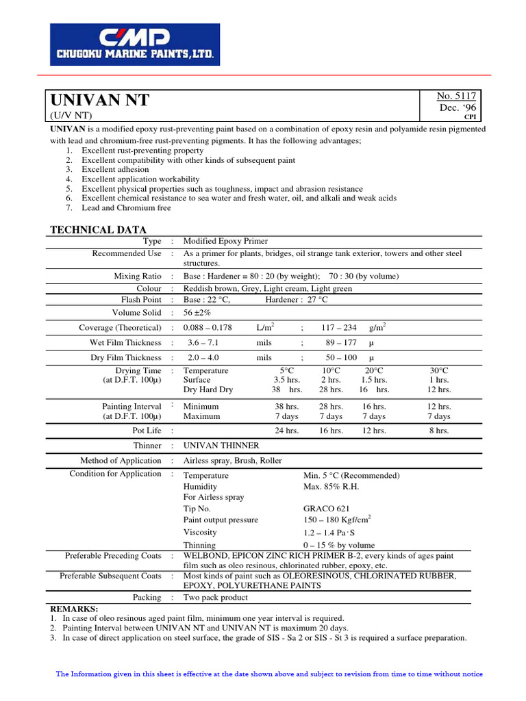 Chugoku Univan NT TDS JIS K5674 | PDF | Paint | Epoxy