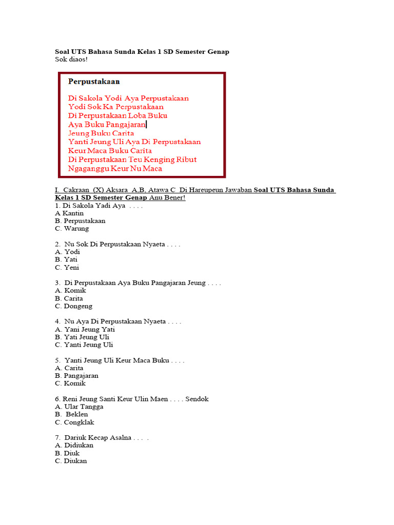 Soal UTS Bahasa Sunda Kelas 1 SD Semester Genap | PDF