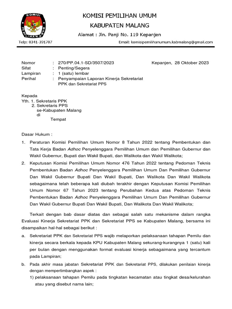 Laporan Kinerja Sekretariat PPK/PPS Malang | PDF